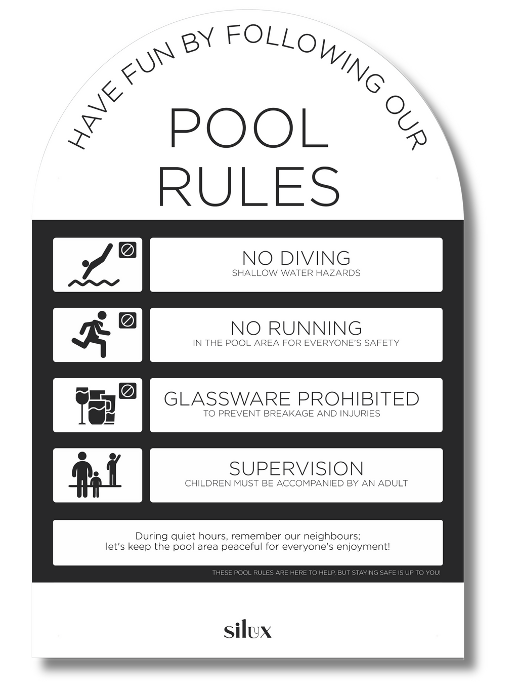 NEW - Large - Arch Pool Rules Sign - Black – Silux