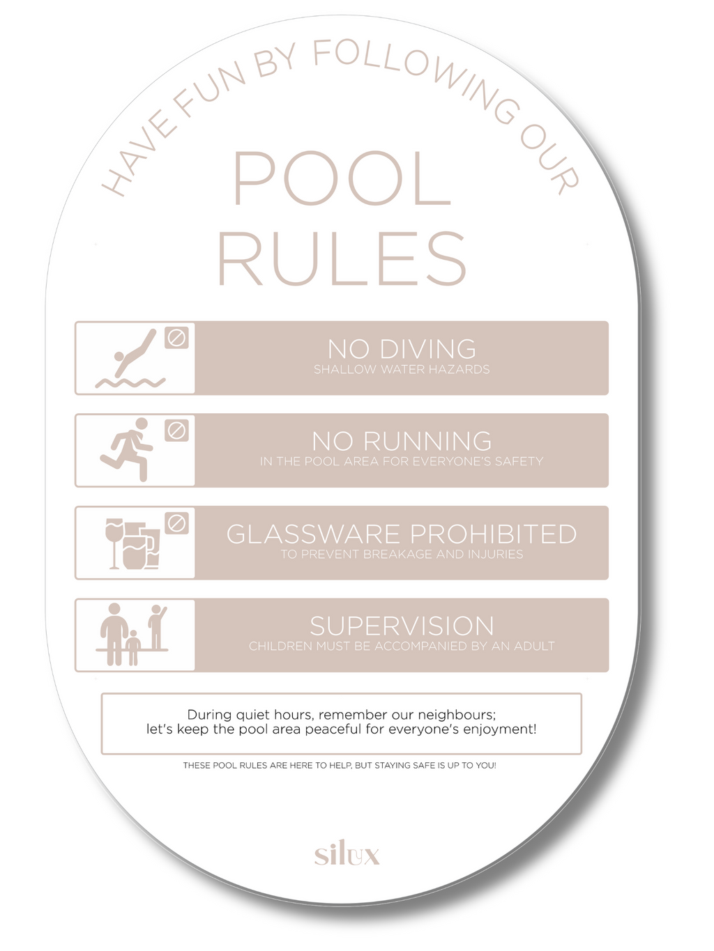 NEW - Large - Oval Pool Rules Sign - Fawn – Silux