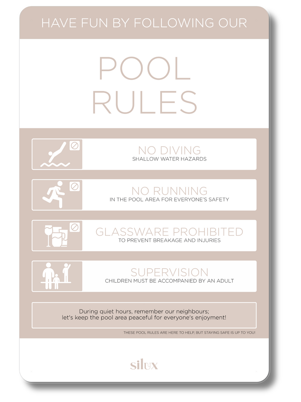 NEW - Large - Rectangle Pool Rules Sign - Fawn – Silux